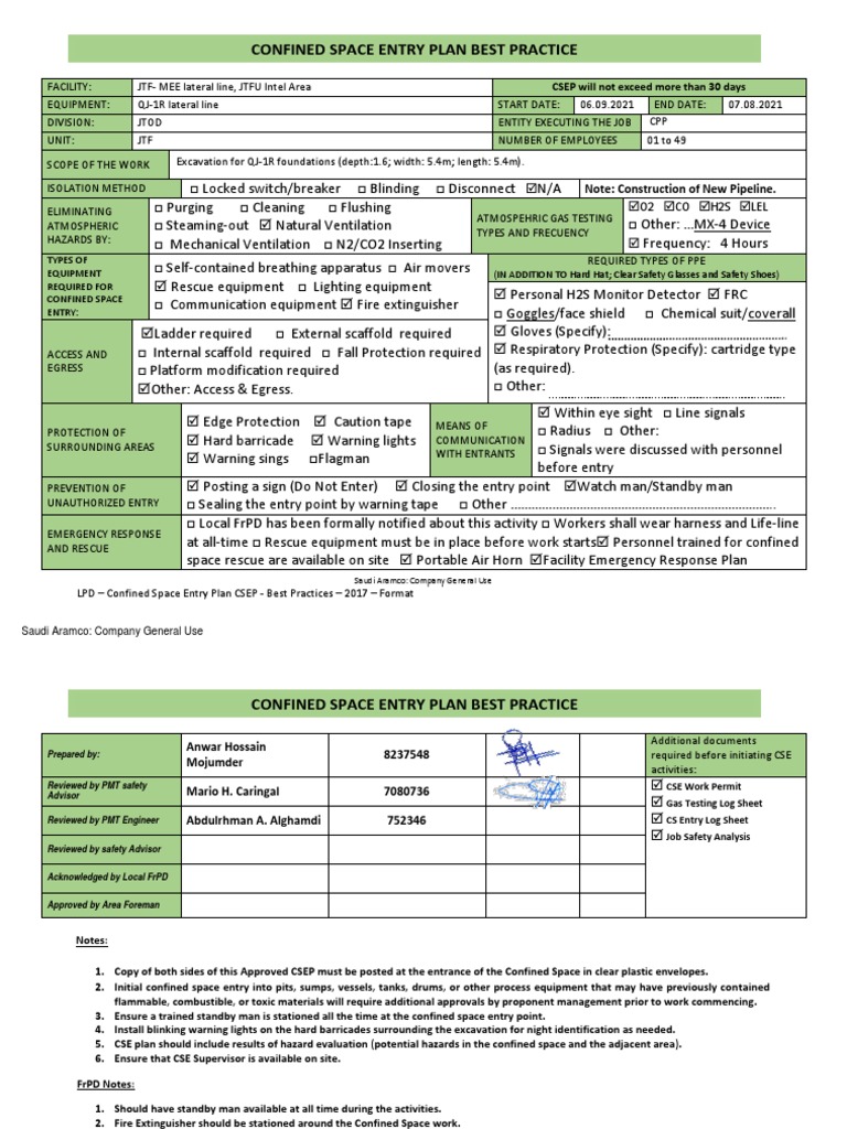 Confined Space Entry Plan Best Practice Form (For QJ-1R Lateral Line ...