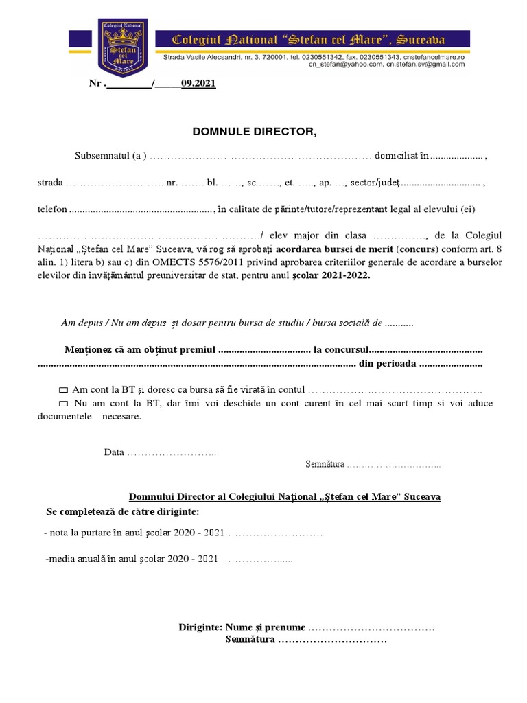 Cerere Bursa de Merit Concurs | PDF