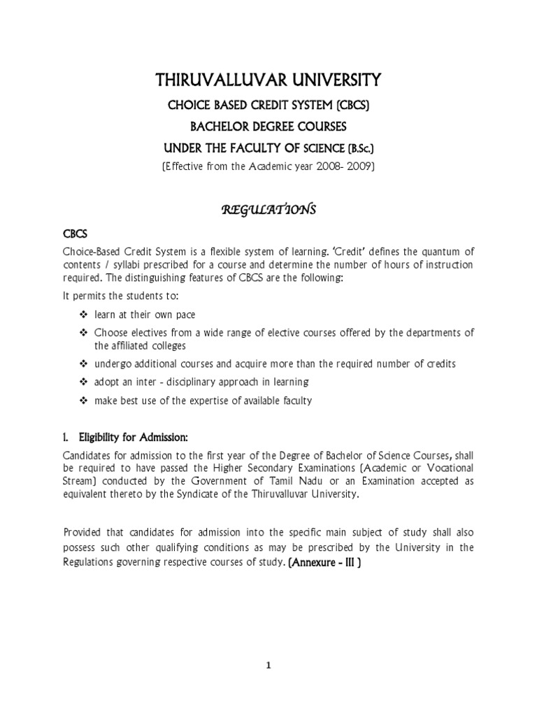 Thiruvalluvar University: Choice Based Credit System (CBCS) Bachelor Degree Courses Under The ...