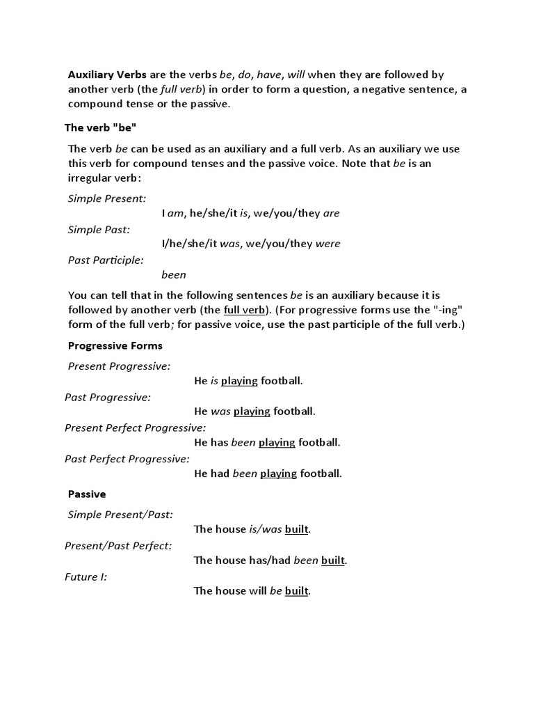 Auxiliary Verbs Are The Verbs Be, Do, Have, Will When They Are Followed ...