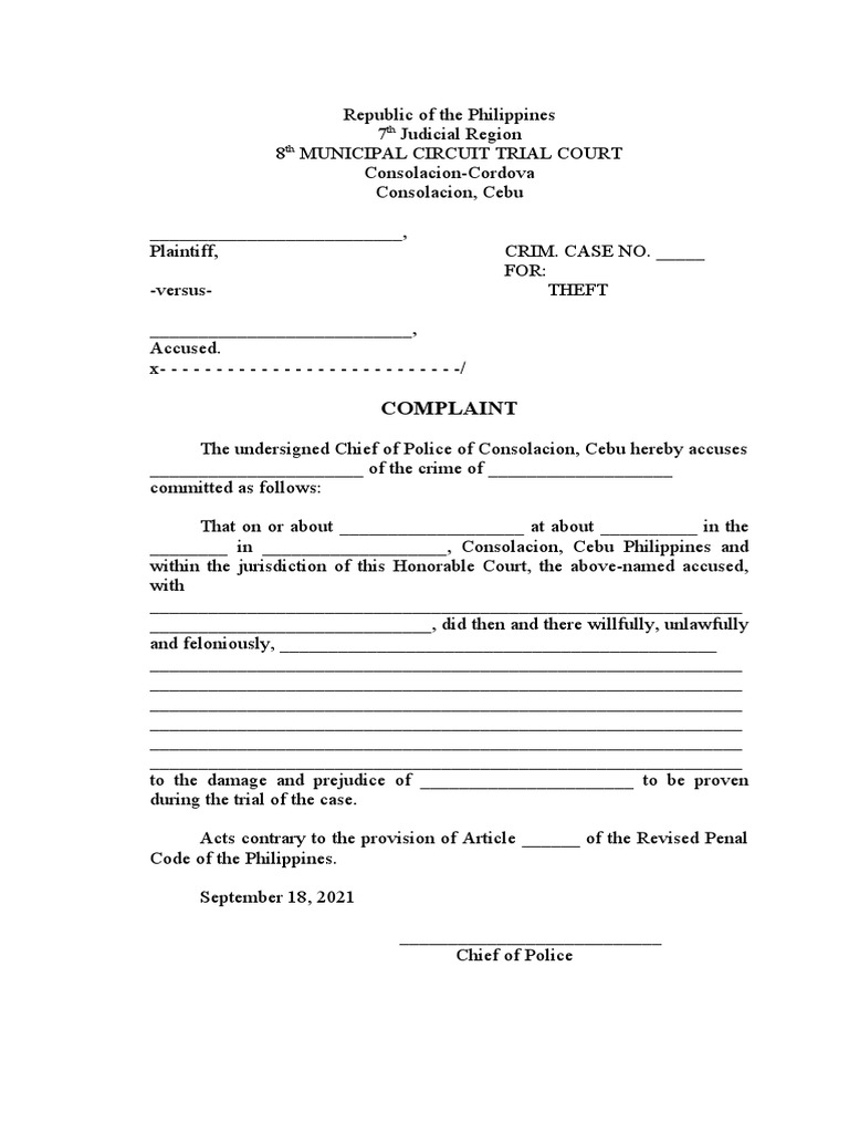 Sample of Template For A Complaint Filed Before The MCTC | PDF | Courts ...