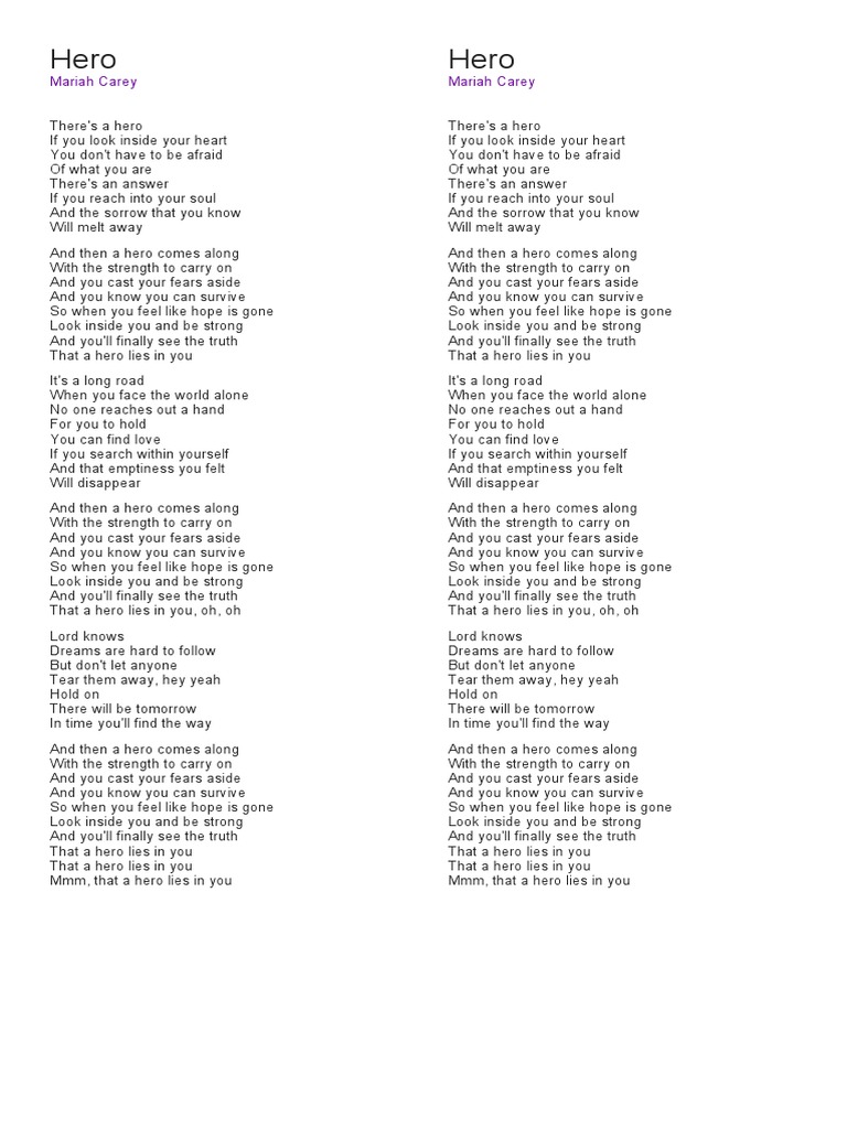 Hero Song Lyrics Visual Aid | PDF | Songs Written | Contemporary R&B