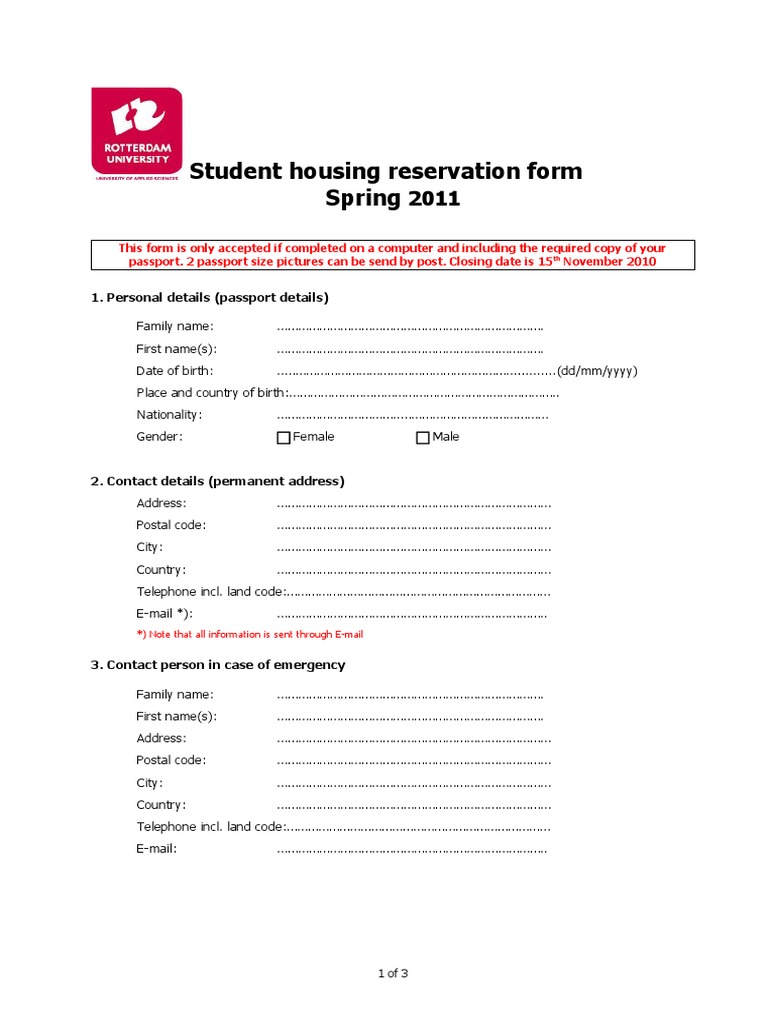 Student Housing Reservation Form Spring: 1. Personal Details (Passport ...