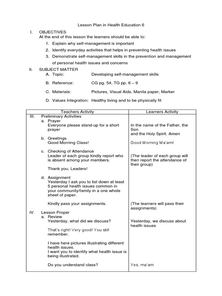 Grade 6 Health Education Lesson Plan | PDF | Human Nature | Lesson Plan