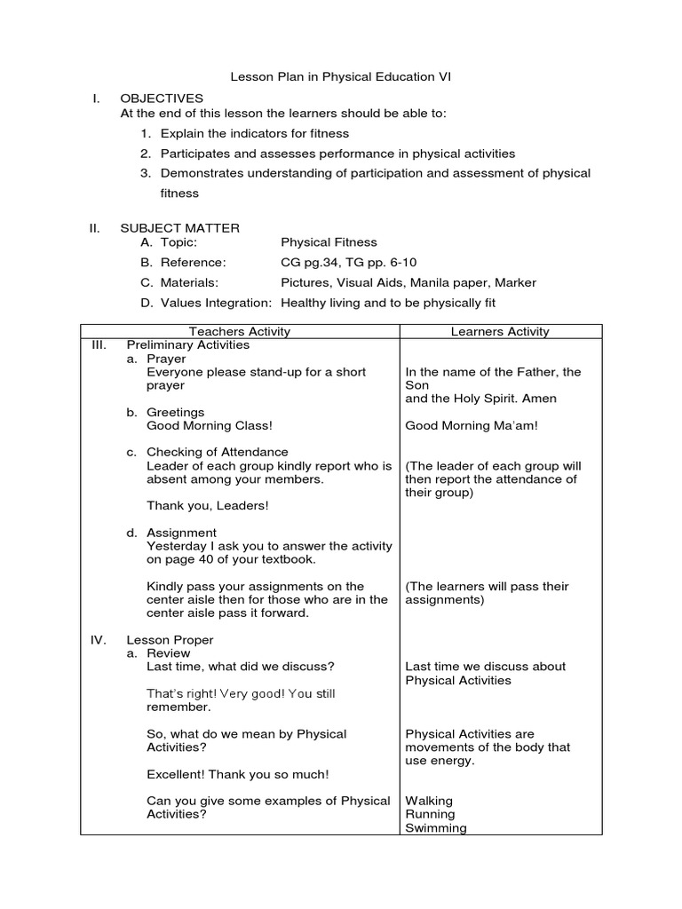 Detailed Lesson Plan in Physical Education Grade 6 | PDF | Physical ...
