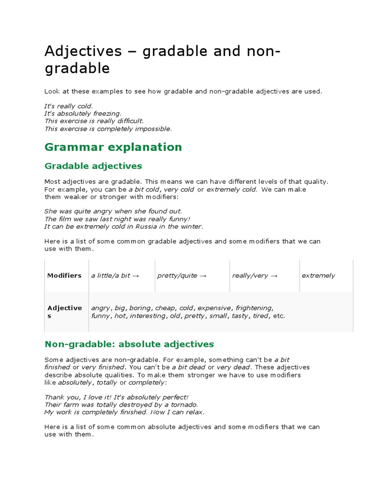 Adjectives - Gradable and Non-Gradable | PDF | Adjective | Linguistics