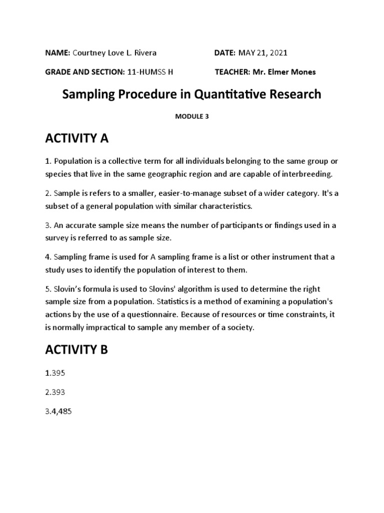 Sampling Procedure in Quantitative Research | PDF | Survey Methodology ...