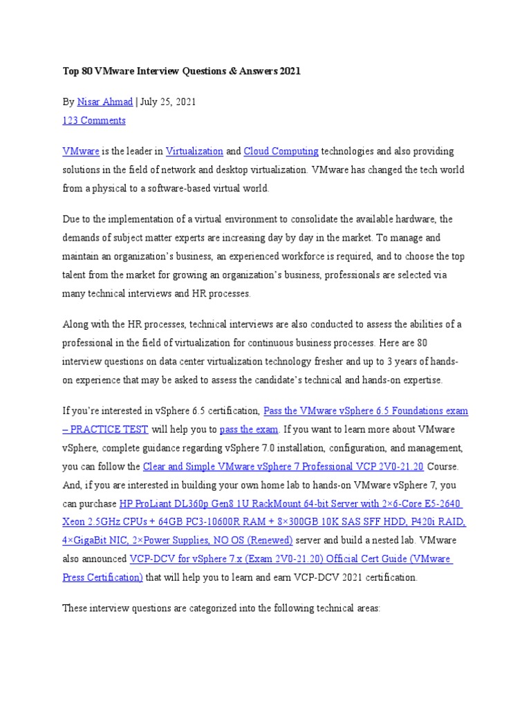 Top 80 VMware Interview Questions & Answers 2021 | PDF | Virtualization | Virtual Machine