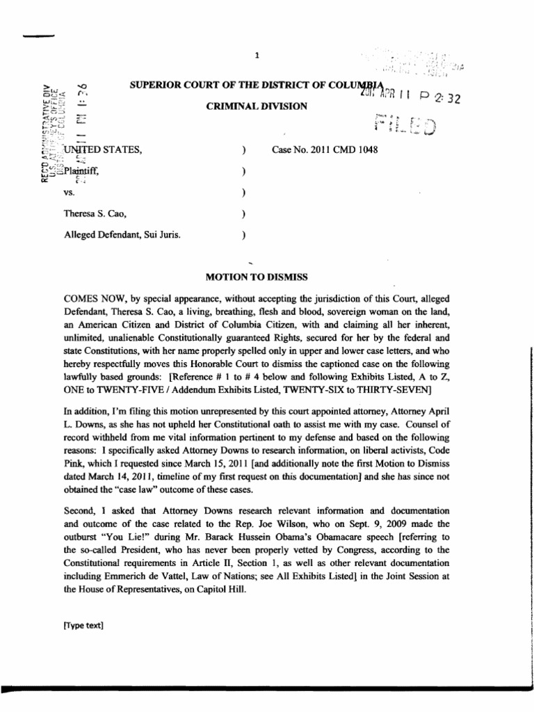 Theresa Cao New Motion To Dismiss - Superior Court of The District of Columbia | PDF | Sixth ...