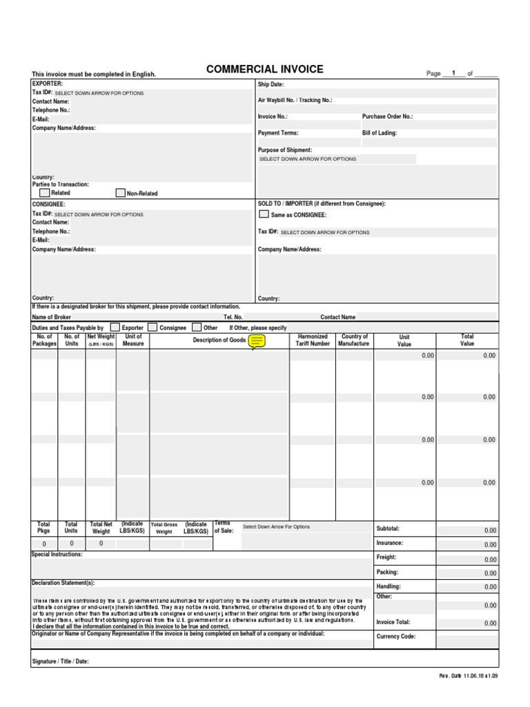 Commercial Invoice: This Invoice Must Be Completed in English | PDF | Consignee | Cargo