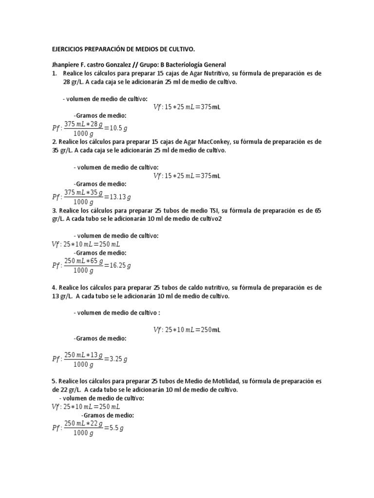 Ejercicios Preparacion de Medios de Cultivo 1 | PDF