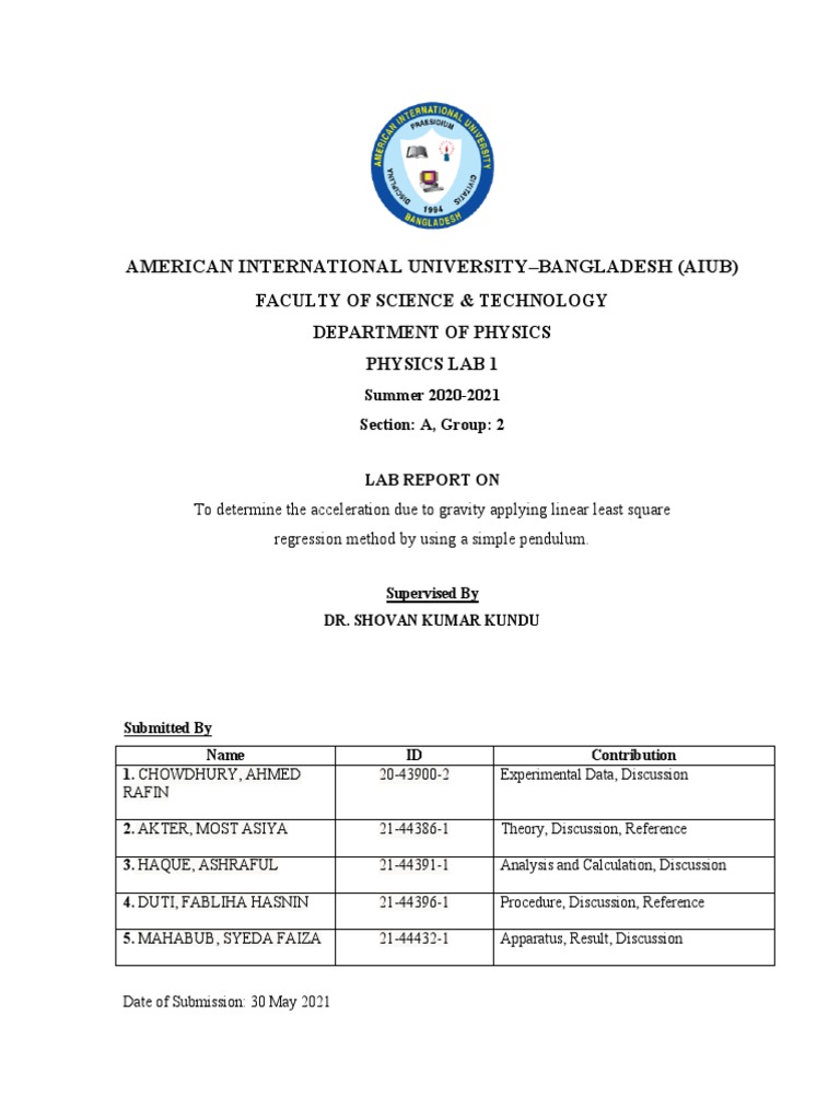 Physics 1 - Lab Report 1 - Sec A - Group 2 | PDF | Regression Analysis ...