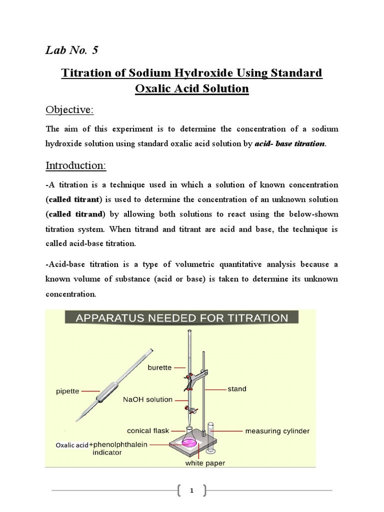 Lab 5 - Standardization of NaOH Using Oxalic Acid | PDF | Titration | Chemistry
