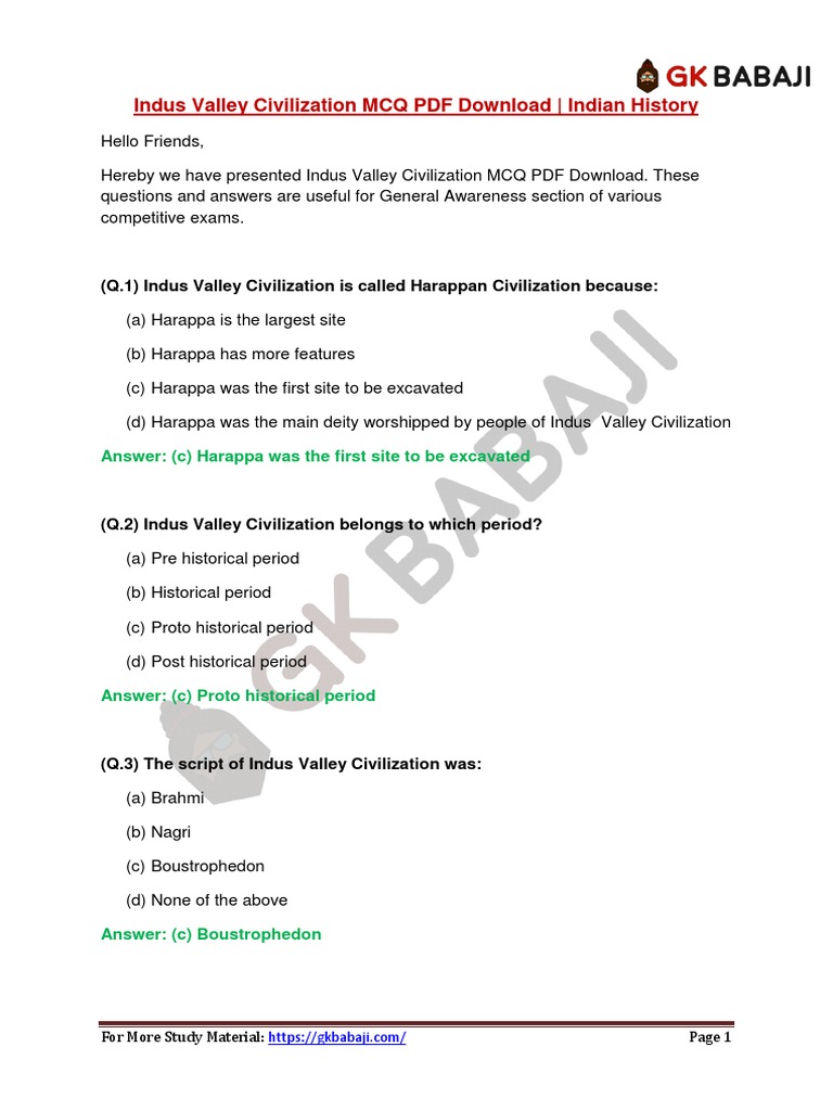 Indus Valley CIvilization MCQ | PDF | Social Science | Art