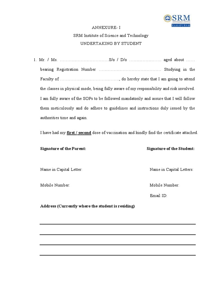 SRM Student Undertaking Form | PDF