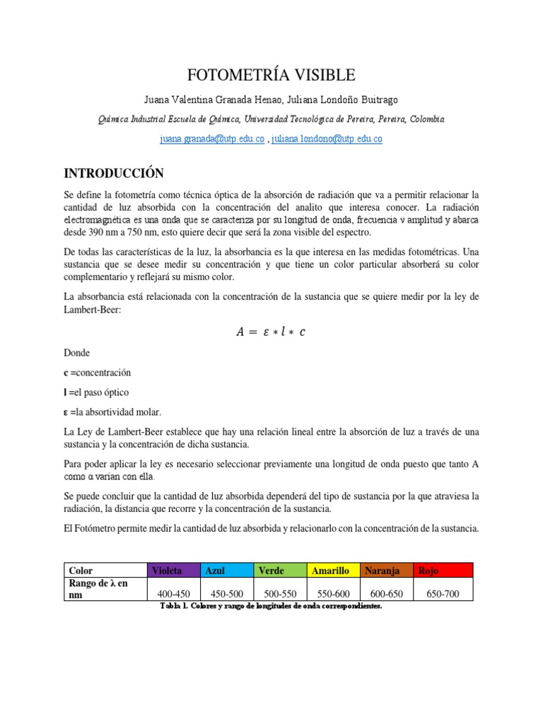 Fotometria Visible - Lab Analisis Instrumental | PDF | Color | Ligero