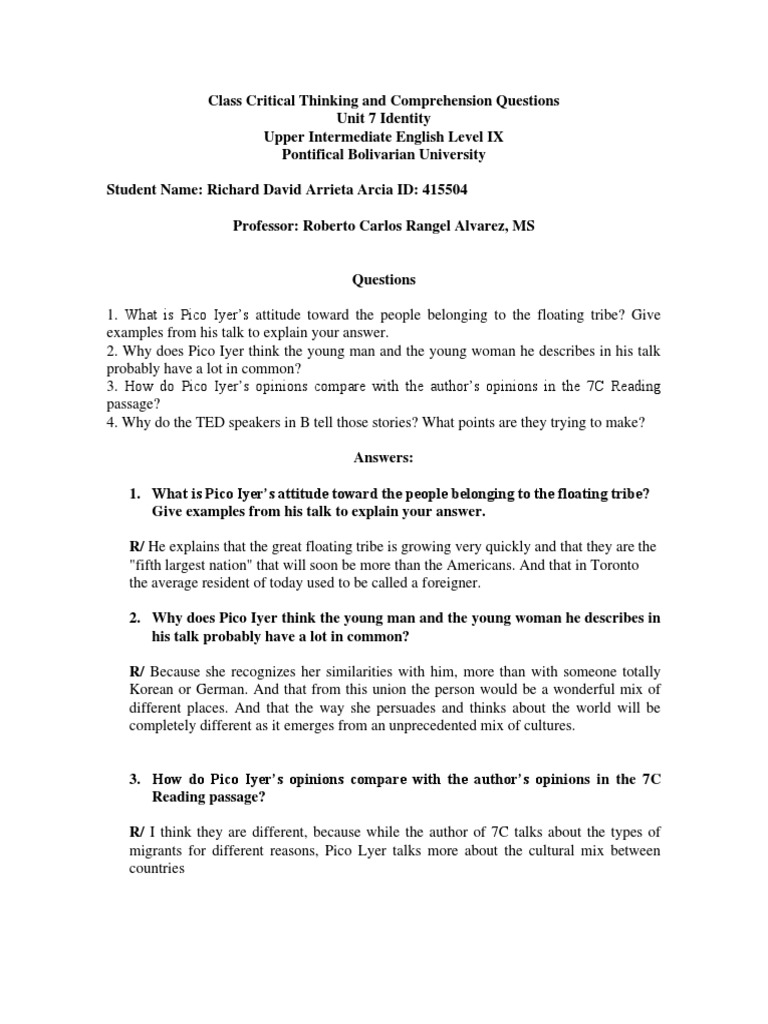 Class Critical Thinking Comprehension Questions - Richard Arrieta | PDF ...