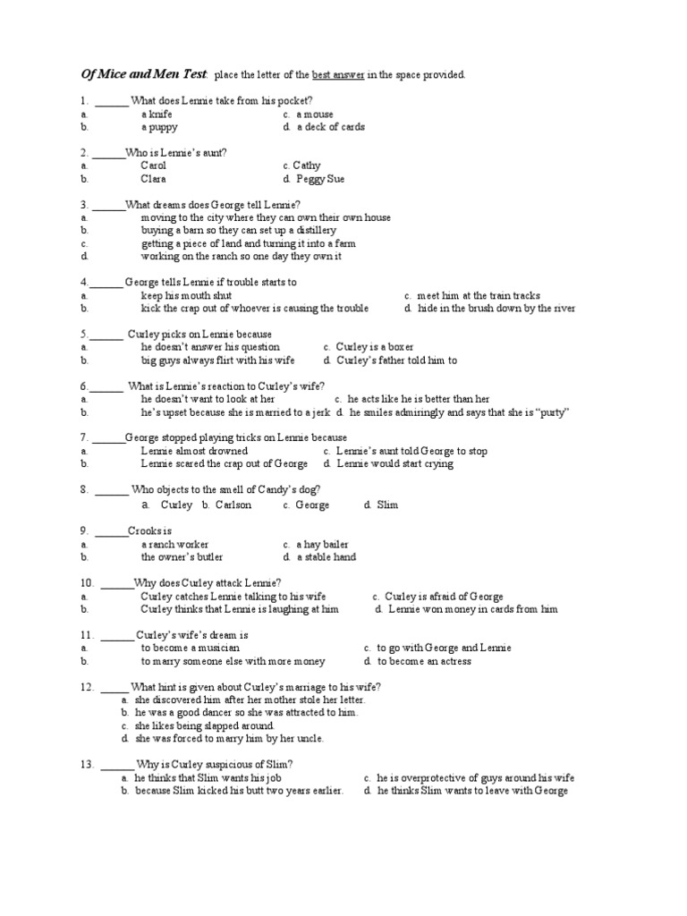 Of Mice and Men Test Questions | PDF