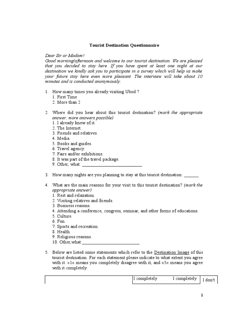 Tourist Destination Questionnaire | PDF