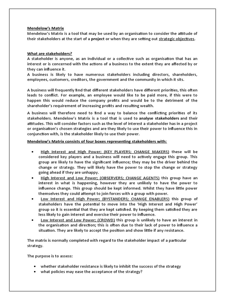 Mendelow - S Matrix | PDF | Stakeholder (Corporate) | Employment