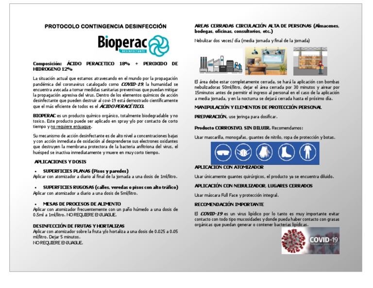 Protocolo de Contingencia de Desinfecciã - N Con Bioperac PDF | PDF | Virus | Química