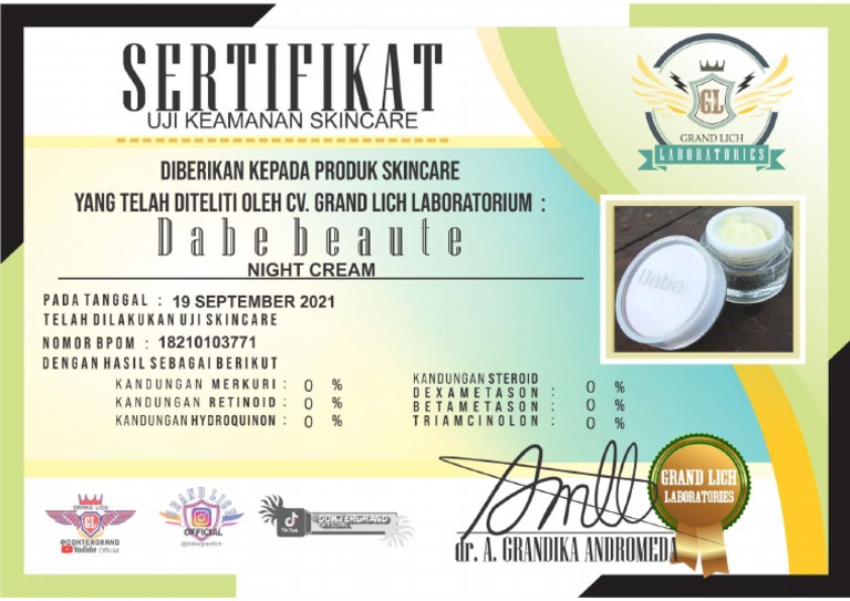Sertifikat Dabe Beaute Night Cream | PDF