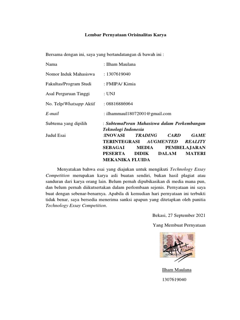 Lembar Pernyataan Orisinalitas Karya | PDF Lembar Pernyataan Orisinalitas Karya | PDF