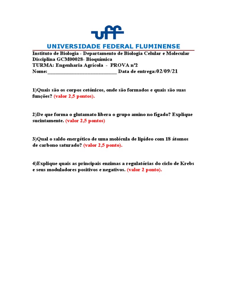 Prova Bioquimica Uff | PDF