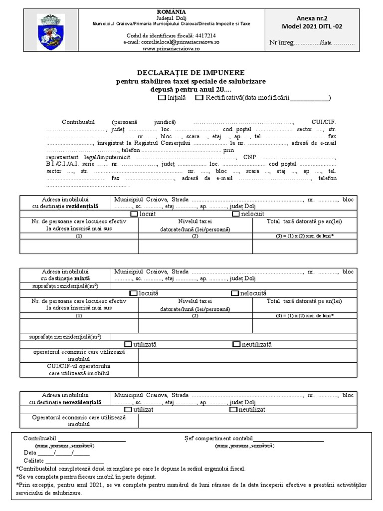 DECLARAȚIE de IMPUNERE Pentru Stabilirea Taxei Speciale de Salubrizare | PDF