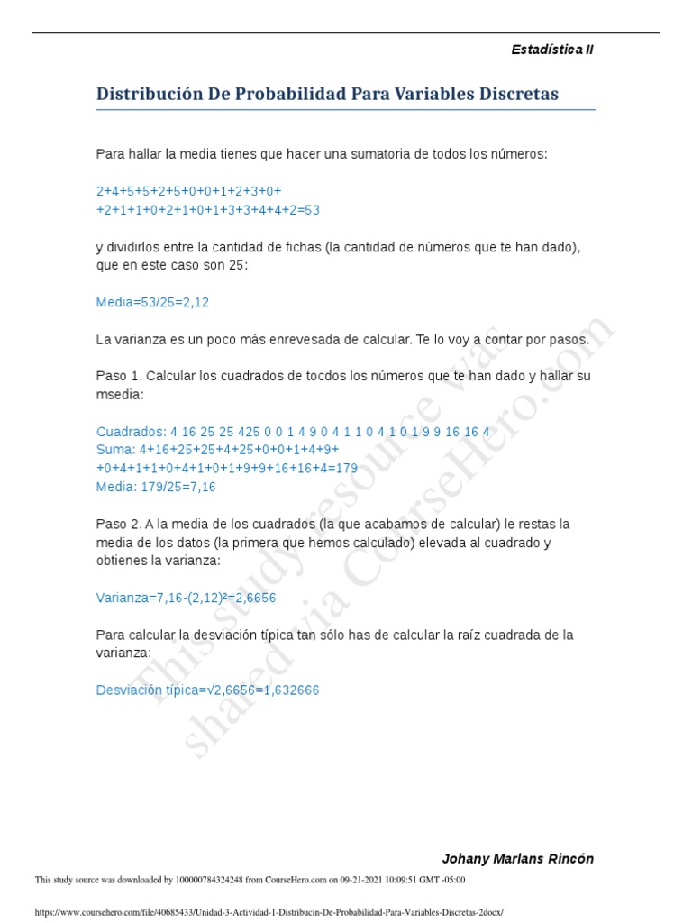 Unidad 3 Actividad 1 Distribuci N de Probabilidad para Variables Discretas 2 | PDF | Diferencia ...