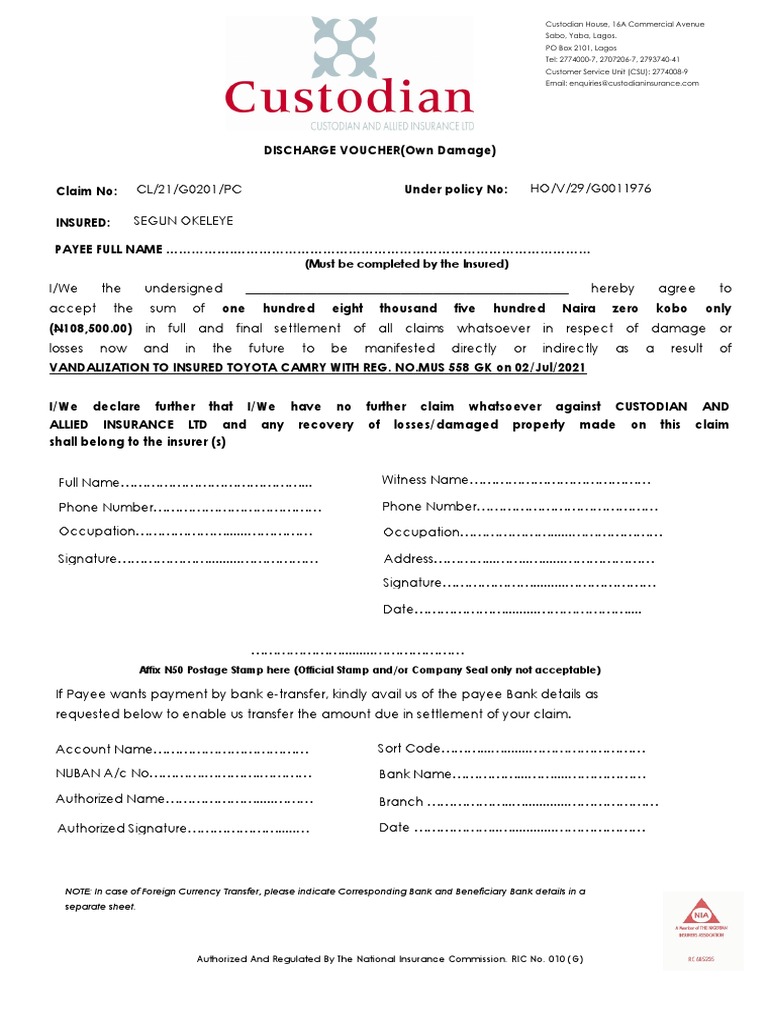 (Must Be Completed by The Insured) : Affix N50 Postage Stamp Here ...