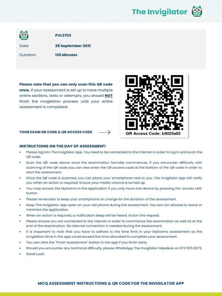 MCQ QR Code and Instructions - Distribution To Students PVL3703 | PDF