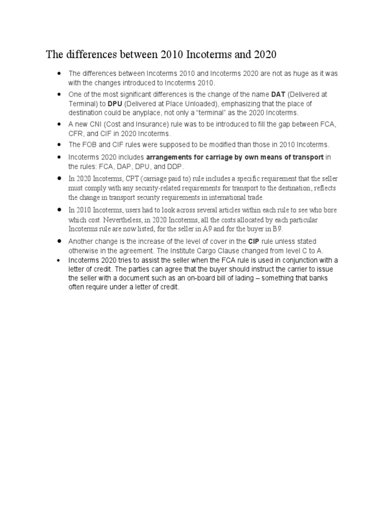 The Differences Between 2010 Incoterms and 2020 | PDF
