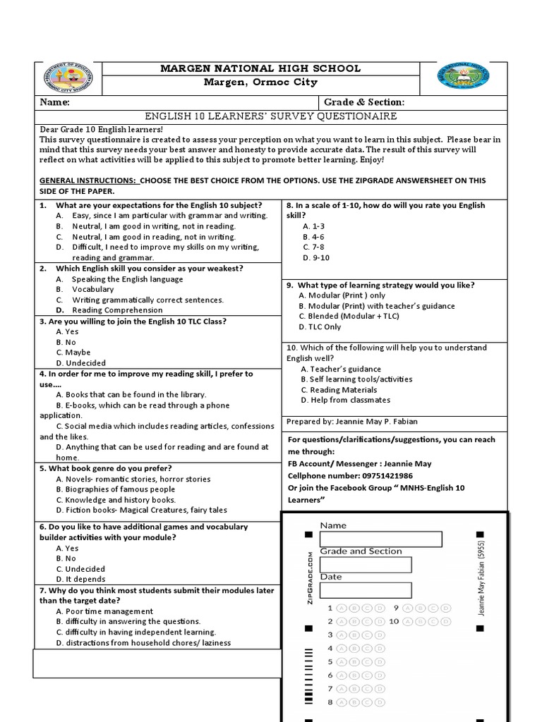 English 10 Learners' Survey Questionaire: Margen National High School ...