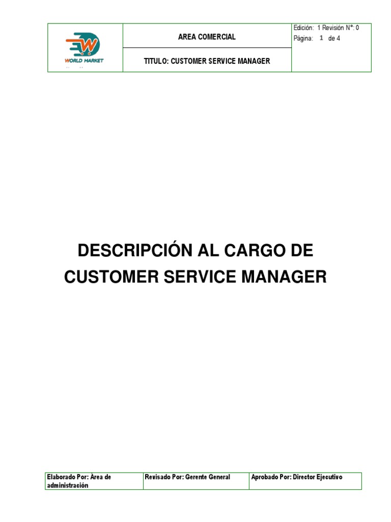 Descripción Al Cargo CUSTOMER SERVICE MANAGER Gerente de Servicio Al ...