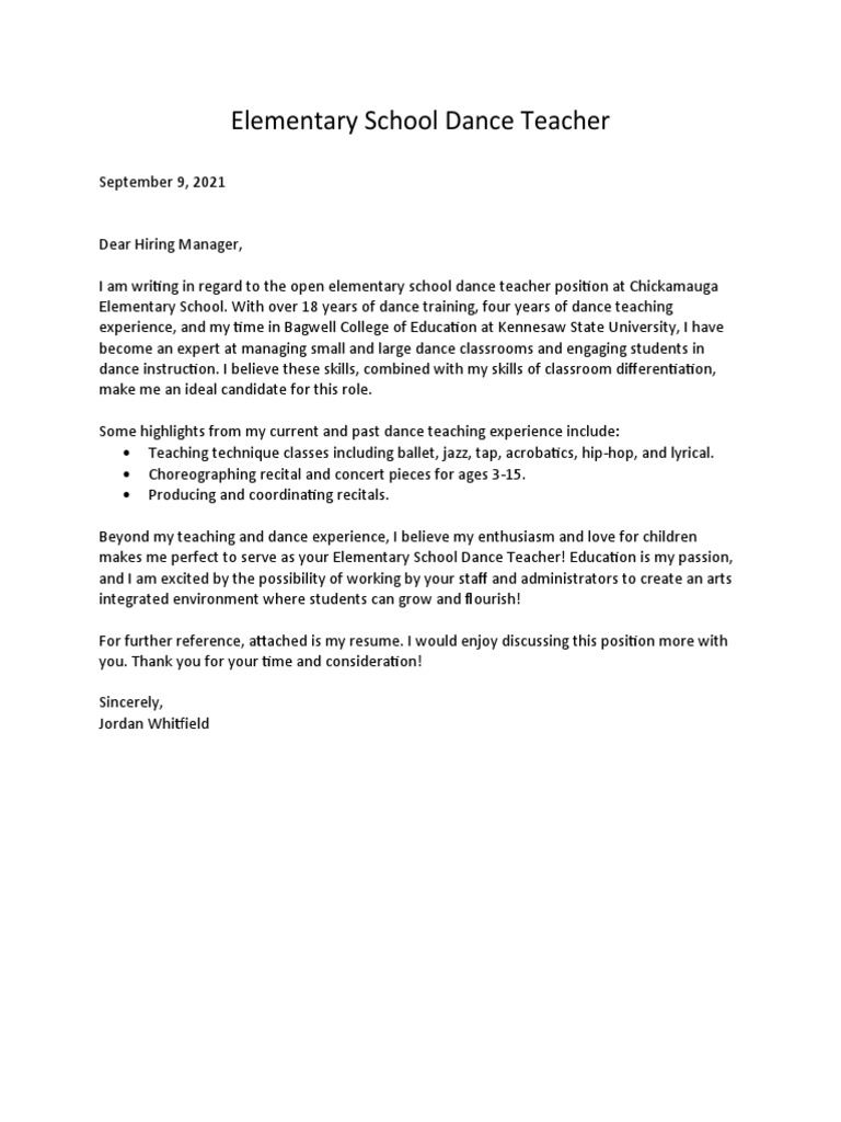 Elementary School Dance Teacher Cover Letter - Jordan Whitfield | PDF