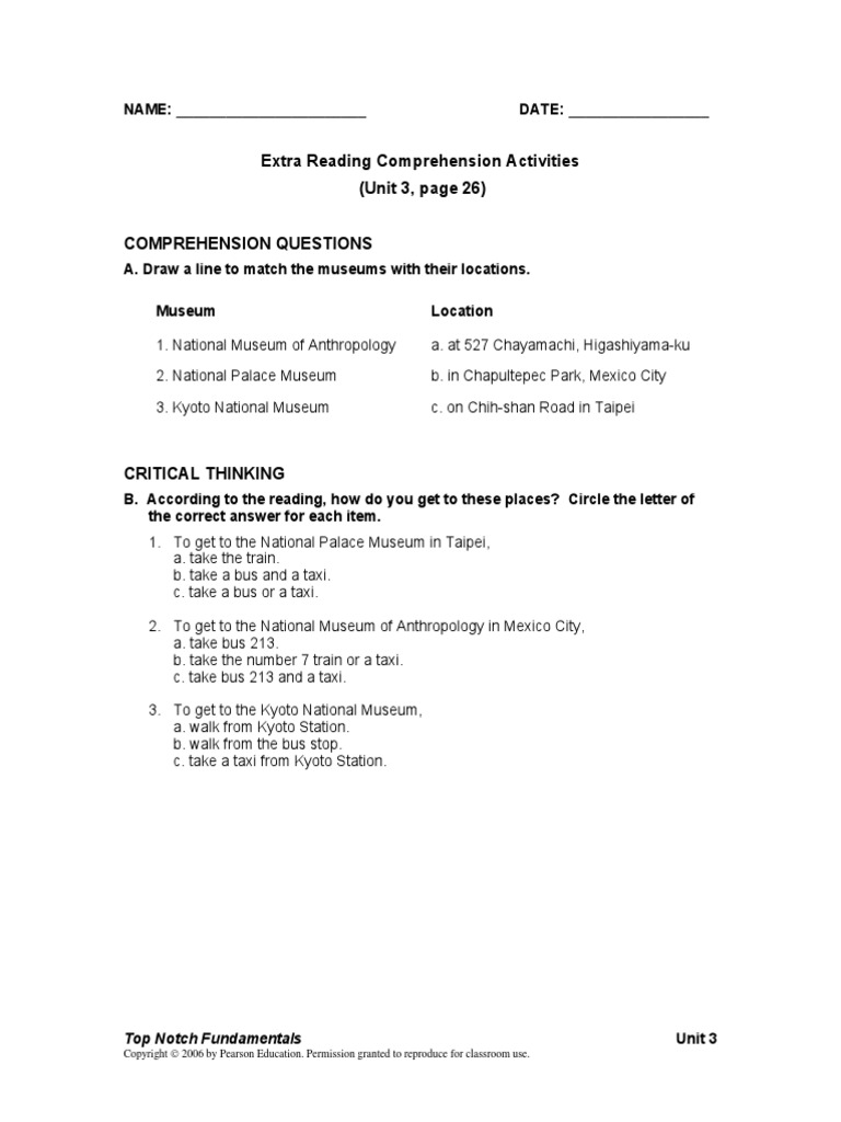 Extra Reading Comprehension Activities (Unit 3, Page 26) Comprehension ...