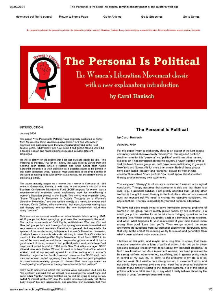 The Personal Is Political - Carol Hanisch | PDF