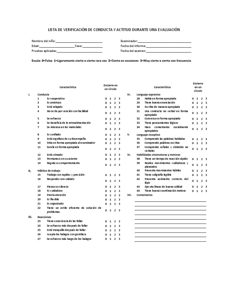 Lista de Verificación de Conducta en Evaluaciones | PDF | Cognición