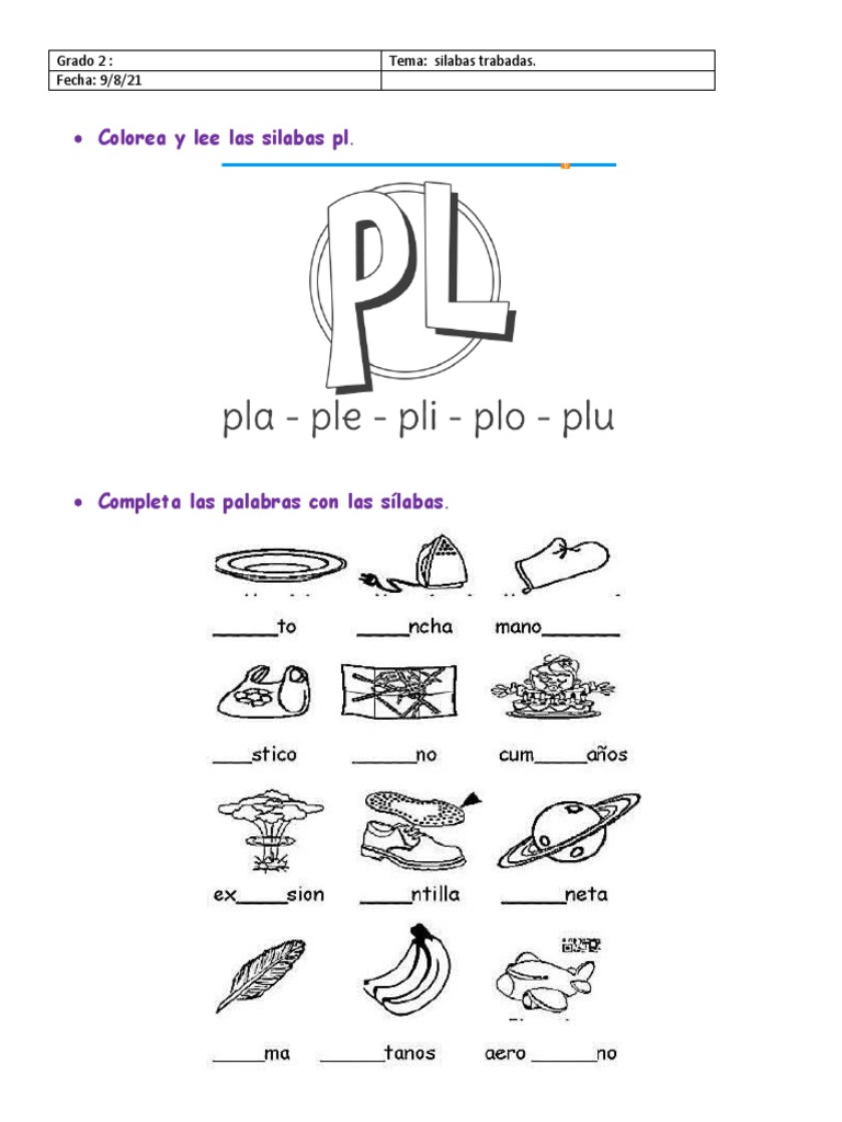 Colorea y Lee Las Silabas PL.: Grado 2: Tema: Silabas Trabadas. Fecha ...
