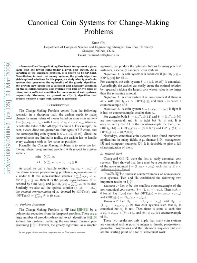 Canonical Coin Systems For Change-Making Problems: Xuan Cai | PDF ...