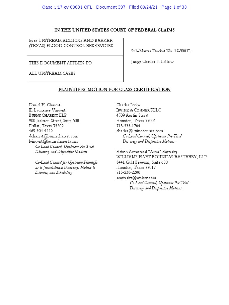 2021-09-24 Upstream Addicks - Doc 397 Motion For Class Certification ...
