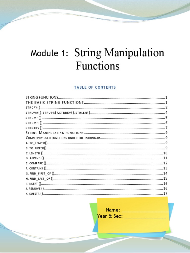 String Manipulation Functions: Name: - Year & Sec | PDF | String (Computer Science) | Subroutine
