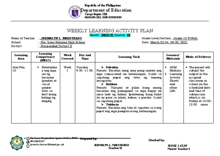 Weekly Learning Activity Plan: Department of Education | PDF | Learning