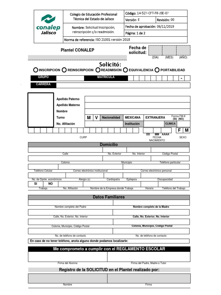 Solicitud de Inscripción CONALEP | PDF