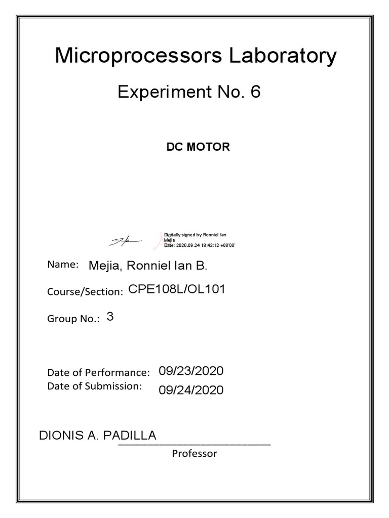 CPE108L OL101 1Q2021 Lab6 IndRep Group03 MejiaRIB PDF | PDF | Electric Motor | Computer Architecture