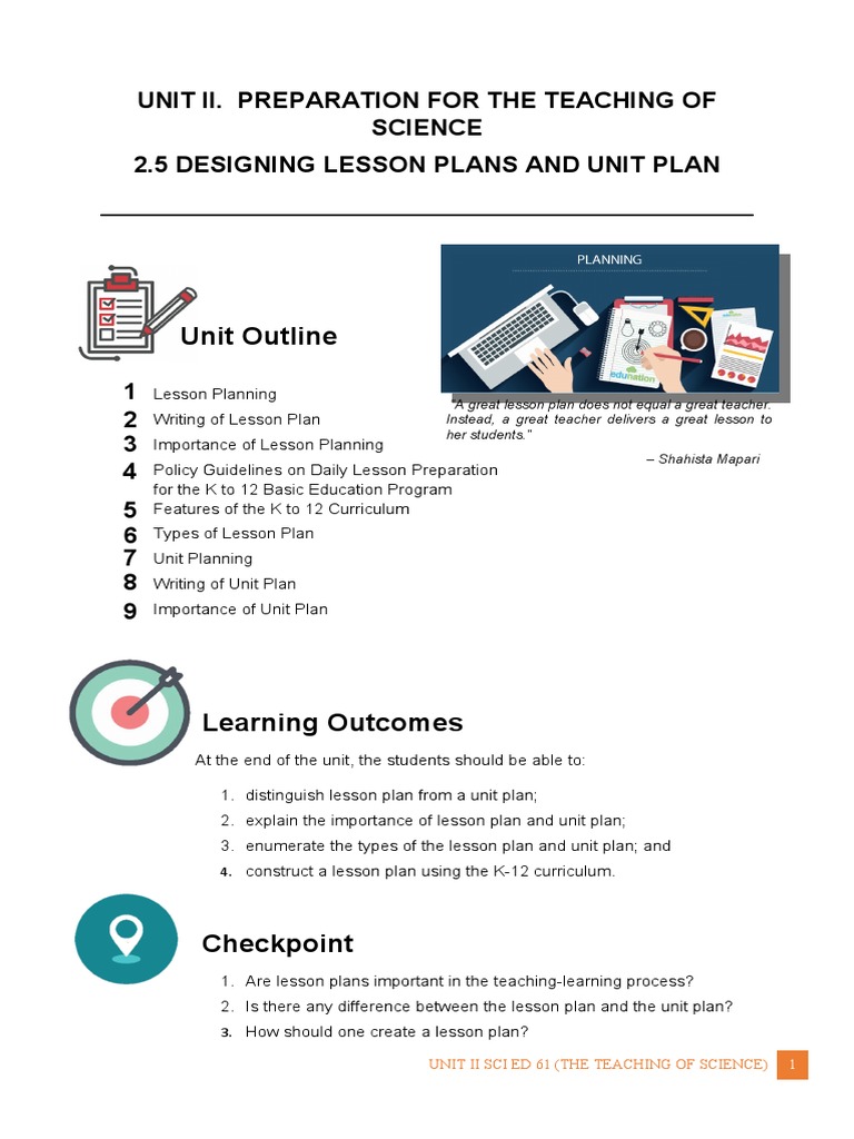 Unit II. 2.5DESIGNING LESSON PLANS AND UNIT PLAN | PDF | Lesson Plan ...