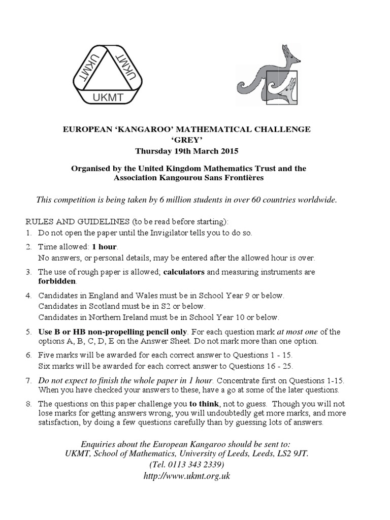 UKMT - Grey Kangaroo - Intermediate Mathematical Challenge 2015 ...