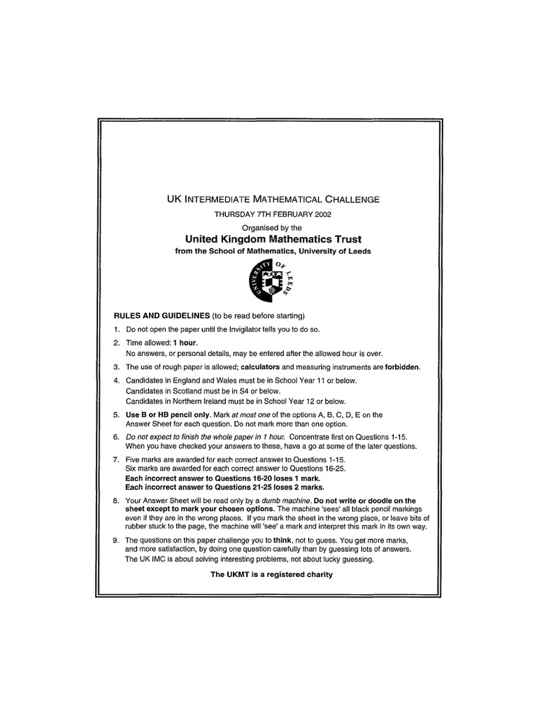 UKMT - IMC - Intermediate Mathematical Challenge 2002 - Questions | PDF