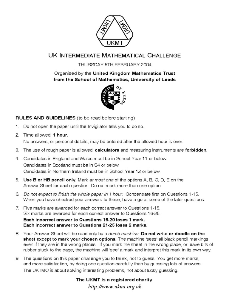 UKMT - IMC - Intermediate Mathematical Challenge 2004 - Questions | PDF ...